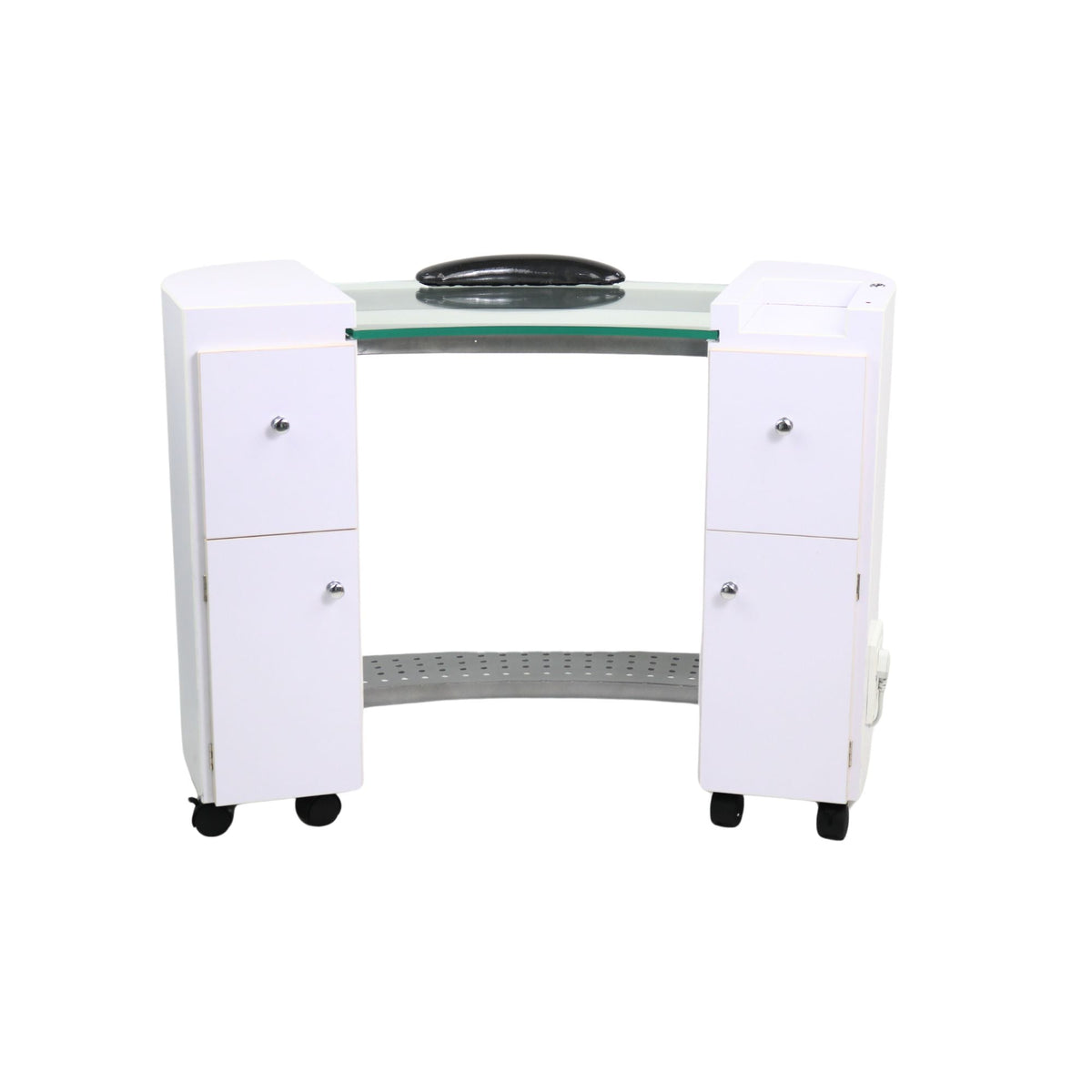 Bella Table 14 - Curved White Legs, Glass Center